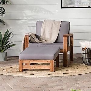 Walker Edison Sorrento Modern Acacia Wood Outdoor Side Chair and Ottoman Set with Cushions, 32 Inch, Brown