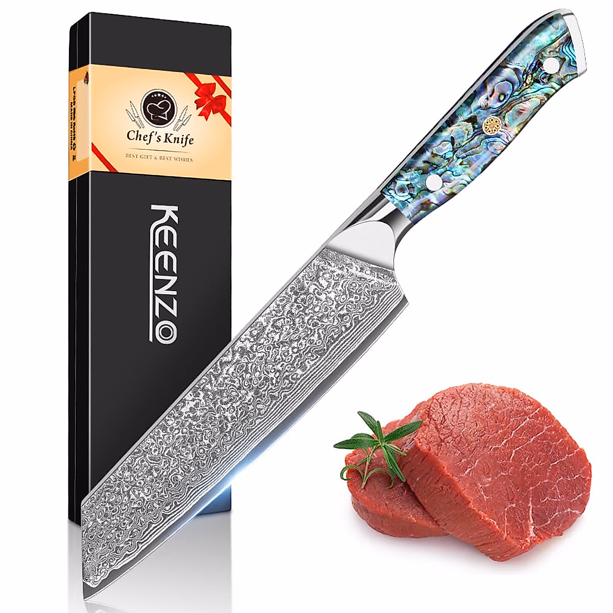 KEENZO Damascus Kiritsuke Knife 8 inch, Professional Chef Knife, Sharp Hand-Forged Kitchen Knives,Japanese 67-Layers Damascus Steel Butcher Knife,Ergonomic Handle with Gift Box