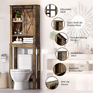 Redlife Over The Toilet Storage with Cabinet, Bathroom Storage Organizer Above Toilet with Adjustable Shelf & Sliding Barn Door, Freestanding Space-Saving Storage Rack for Bathroom (Rustic Brown)