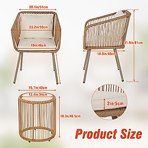 3 Piece Patio Furniture Set with Cushions Lumbar Pillows Outdoor PE Rattan Bistro Furniture Set Patio Rattan Conversation Set Glass Coffee Table Top and 2 Chairs for Patio Garden Porch , White