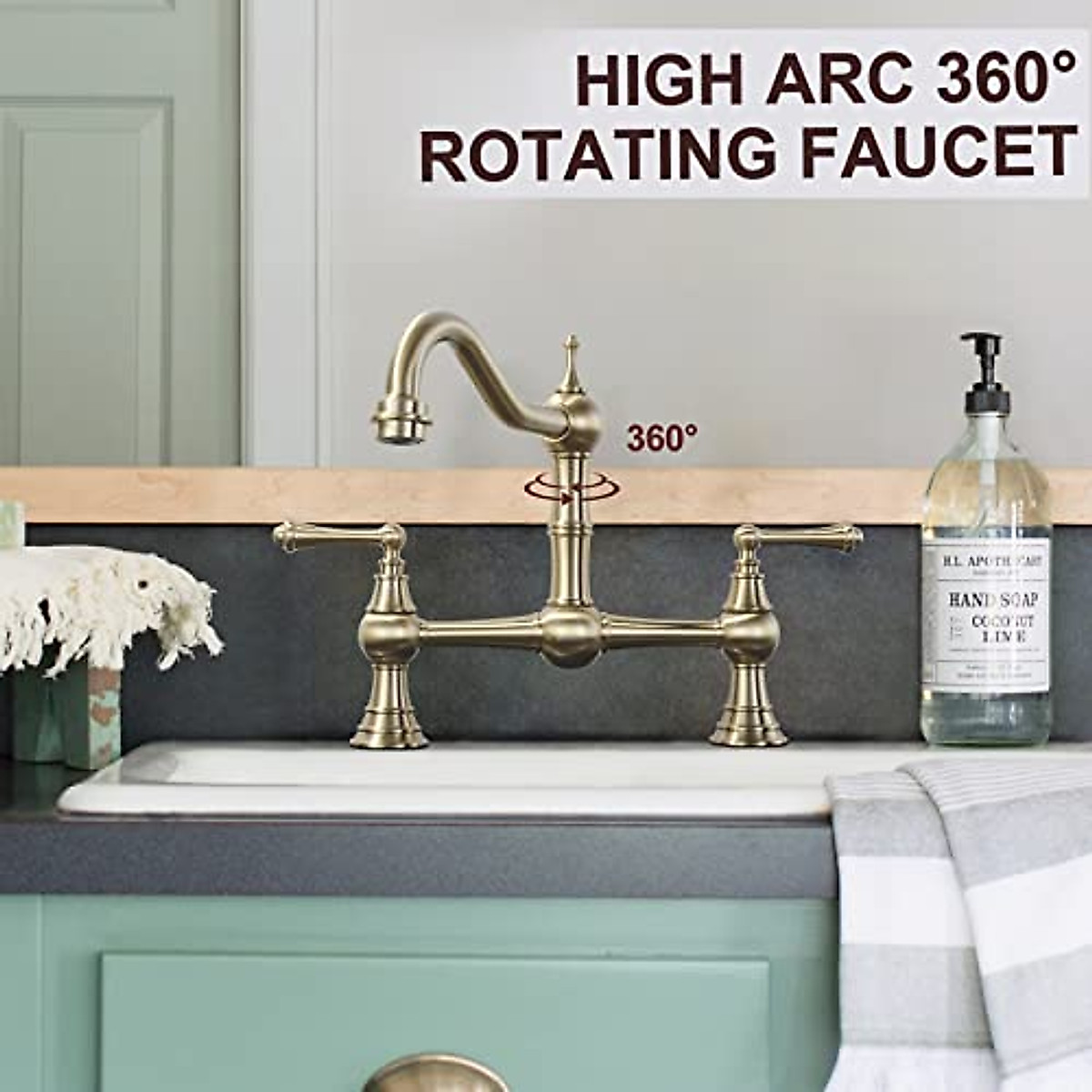 WOWOW Gold Bridge Kitchen Faucet 2 Hole Antique Brass Bridge Faucet 2 Handle 8 Inch Centerset Farmhouse Kitchen Sink Faucet 360° Swivel Vintage Tap