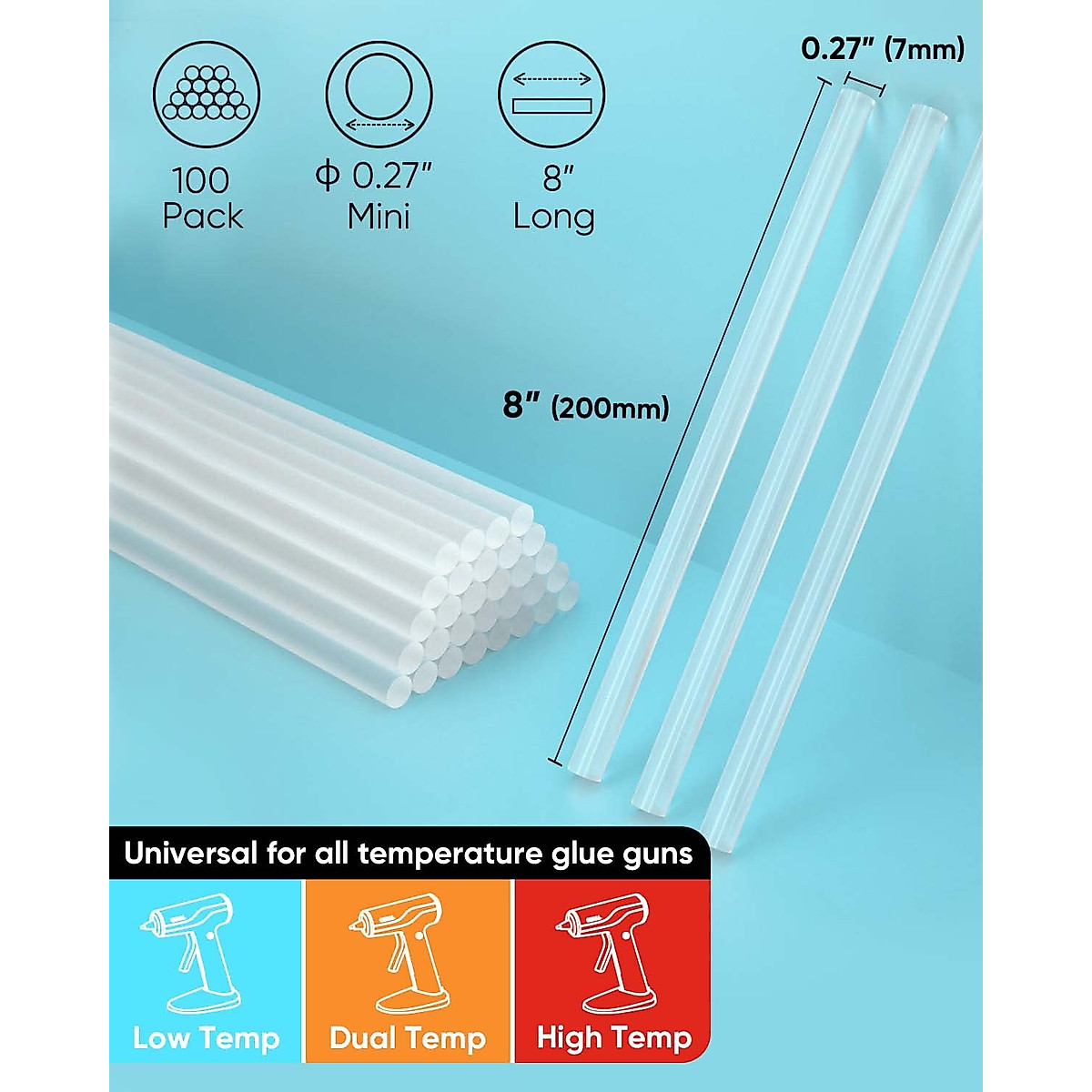 SHALL Mini Hot Glue Sticks, 0.27” Dia x 8” Long, 100-pack Clear Hot Melt Glue Gun Sticks for All-temp Mini Glue Guns, Multipurpose for Kids Adults DIY Art Craft Sealing Repairing Festival Decoration