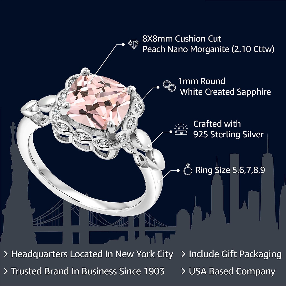 Gem Stone King 925 Sterling Silver 8MM Cushion Gemstone Birthstone and White Created Sapphire Engagement Ring | Wedding Engagement Anniversary Promise Ring For Women