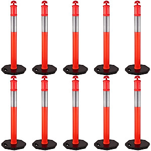 VEVOR 10Pack Traffic Delineator Posts 44 Inch Height, PE Channelizer Cones Post Kit 10 inch Reflective Band, Delineators Post with Rubber Base 16 inch for Construction Sites, Facility Management etc