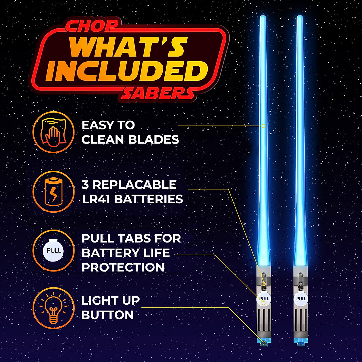 LIGHTSABER CHOPSTICKS STAR WARS LED LIGHT-UP Glowing Light Saber Chop Sticks REUSABLE Sushi Lightup Sabers - LUKE SKYWALKER BLUE - 1 PAIR