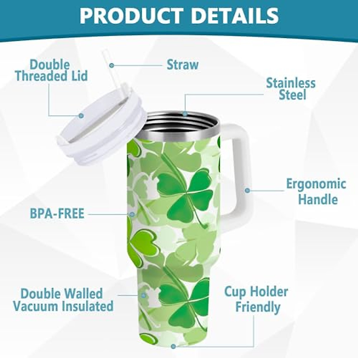 RPLIFE Green Clovers 40 Oz Tumbler, Stainless Water Bottle, Insulated Cups with Lids