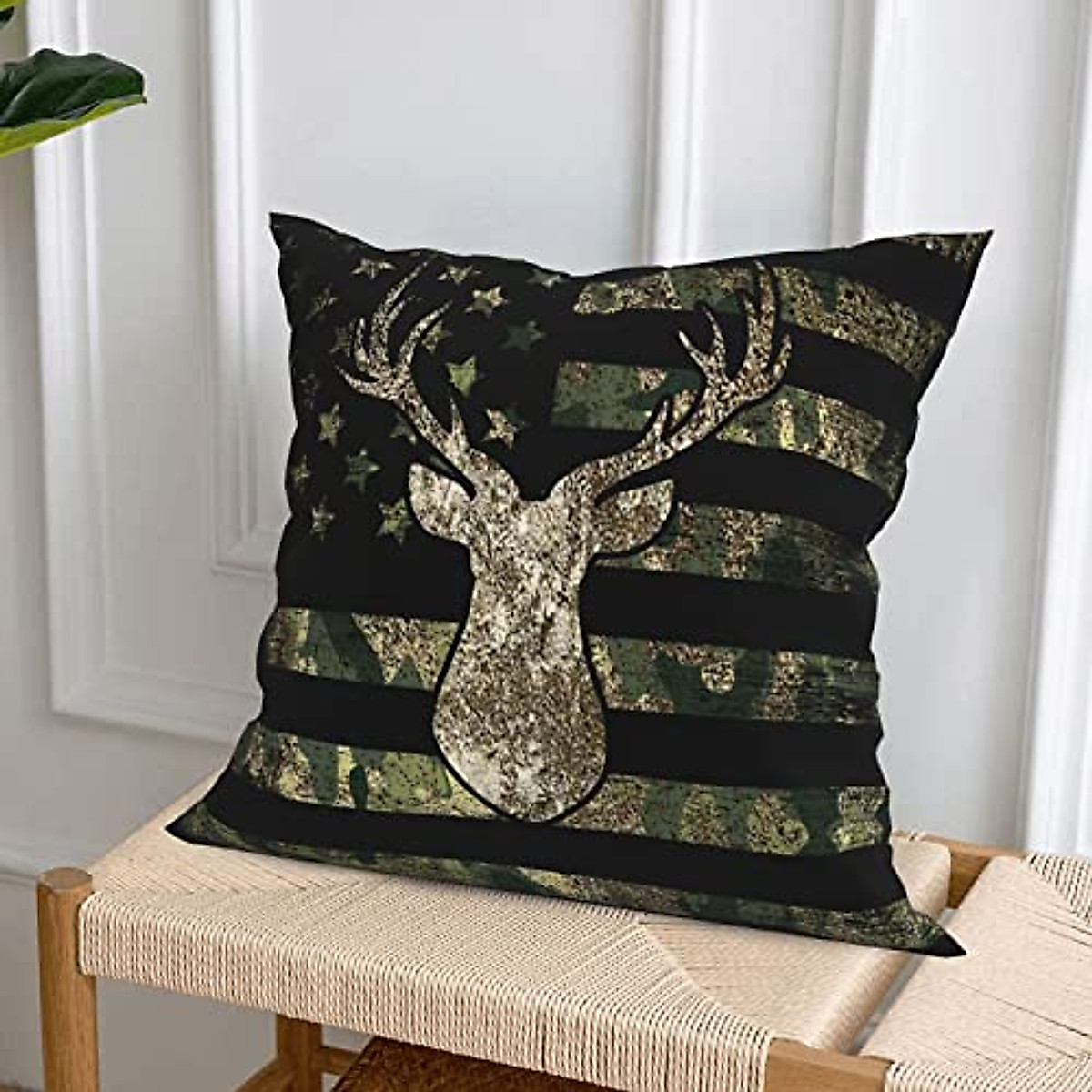 Gianlaima Camo Camouflage Hunting Deer American Flag Painting Set of 4 Decorative Throw Pillow Cases Sofa Cushion Covers for Couch Bedroom Living Room Car Home Decor
