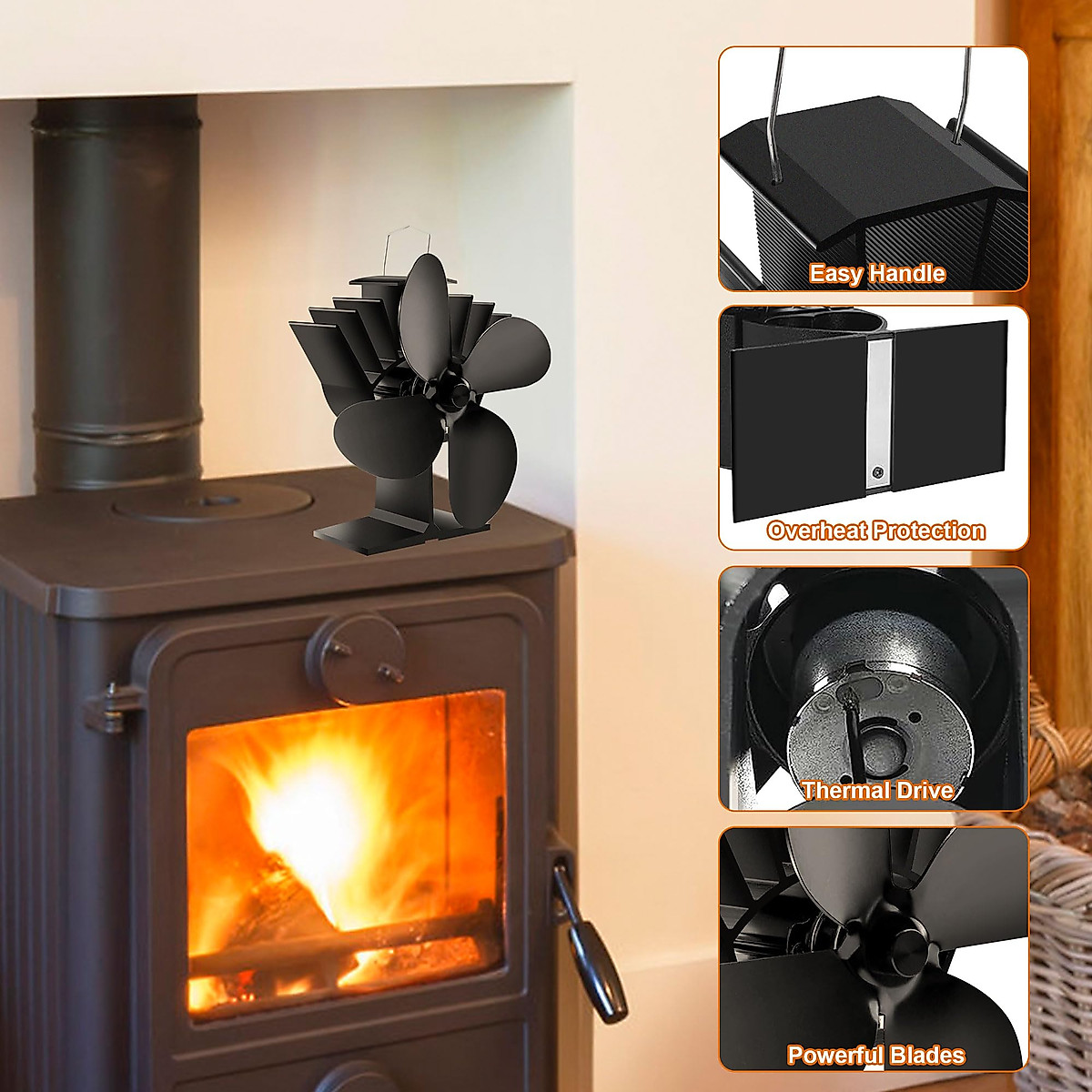 foedo Wood Stove Fan, 4-blade Wood Burner Fan,Fireplace Fan,Effective Circulation of Warm Air for Wood Burning Stove/Pellet/Fireplaces, Can be Used Both Indoor and Outdoor