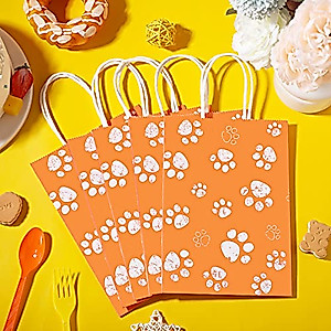 Blulu 20 Pcs Puppy Dog Paw Print Gift Bags with Paper Twist Handles, Dog Gift Bags Paper Paw Print Treat Goodie Bags for PET Treat Party Favor, 6.3 x 3.1 x 8.6 Inch (Orange Backing)