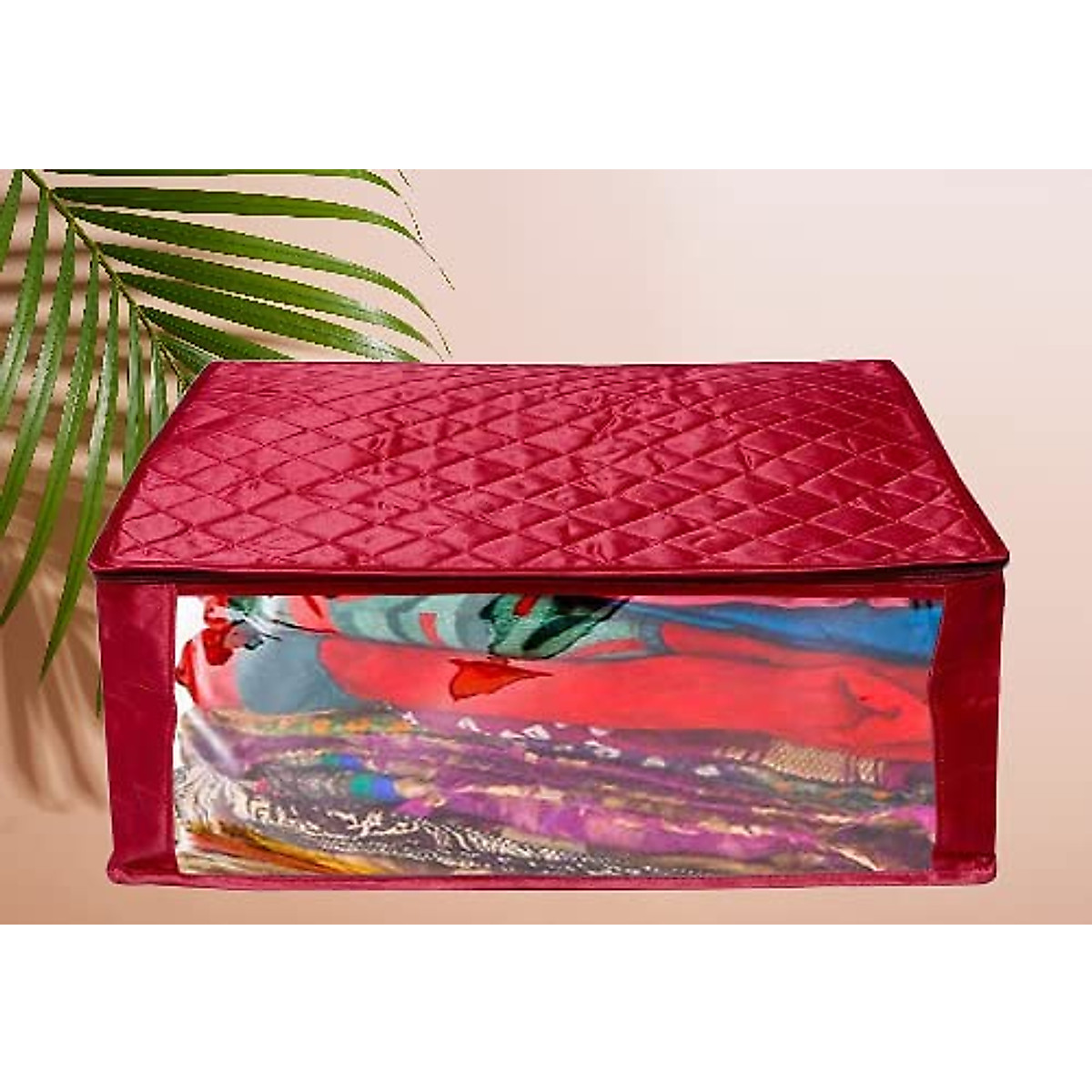 atorakushon Satin Fabric Foldable Garments Saree Blouse Cover Bag Pouch Closet Wardrobe Organizer With Clear Window Zipper Lock Pack of 3 (Maroon)