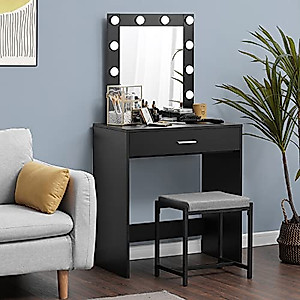 Reettic Makeup Vanity Table with Lighted Mirror, Vanity Desk with Drawers, Bedroom Dressing Table,9 LED Blubs & Adjustable Brightness, for Women, Mother, Girls, Black RSZT102B