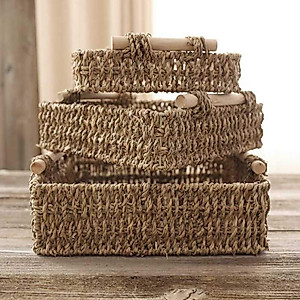 DOITOOL Hand- Woven Storage Basket with Wooden Handle, Rectangular Seagrass Storage Baskets, Wicker Baskets for Shelves, Natural Hyacinth Baskets for Organizing, 11.42x11.42x3.54
