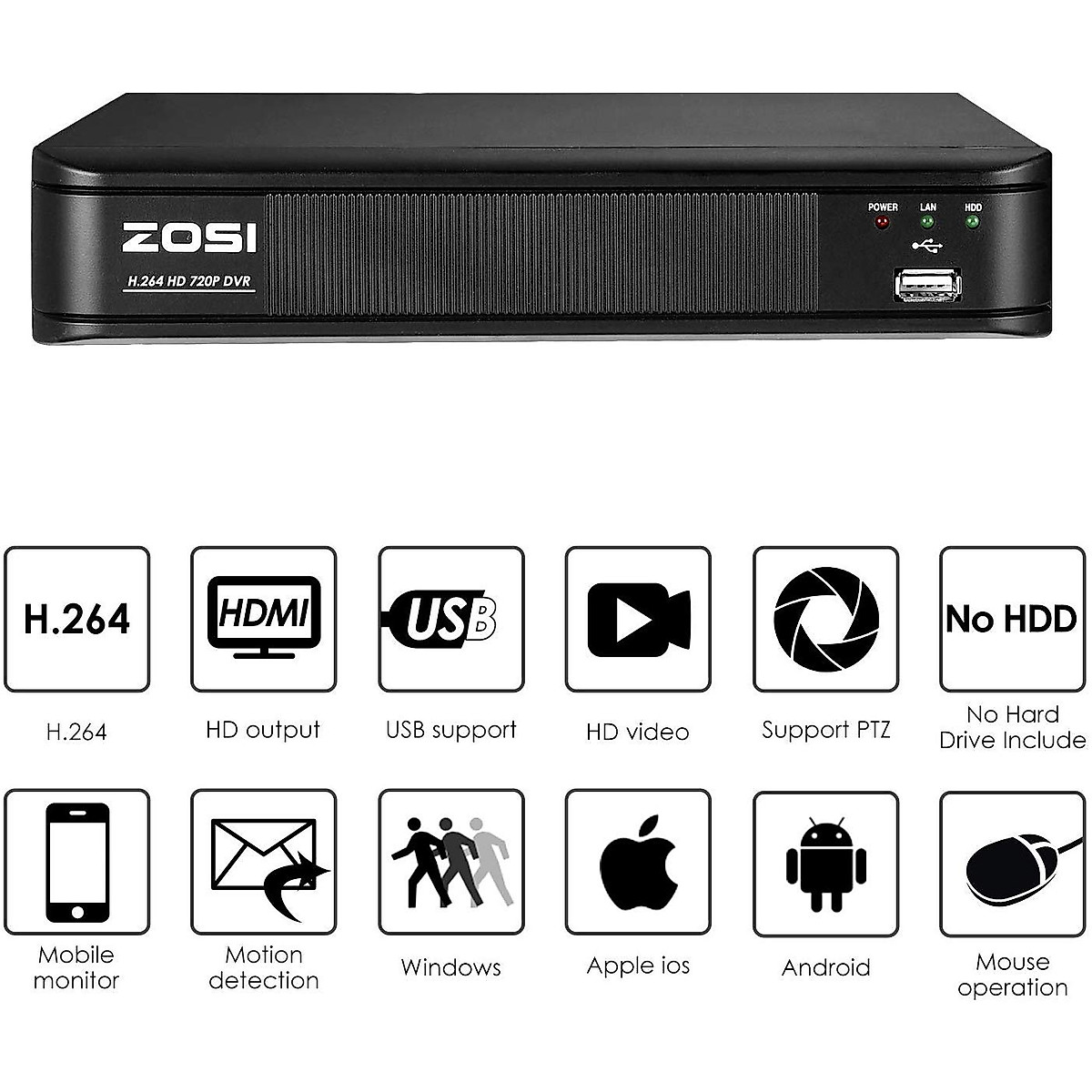 ZOSI 720p 8 Channel Security DVR System HD-TVI 1080P Lite Video, QR Code Scan Remote Access, Hybrid Capability 4-in-1(Analog/AHD/TVI/CVI) DVR Recorder Security Camera (Renewed)