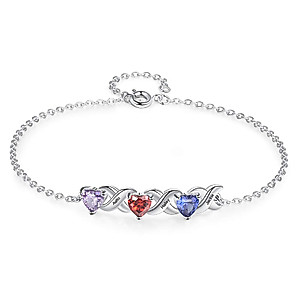 Personalized Heart Link Bracelet for Women Custom 2-7 Names Bracelets with Simulated Birthstones Adjustable Family Bracelets for Mother Daughter (3 names)