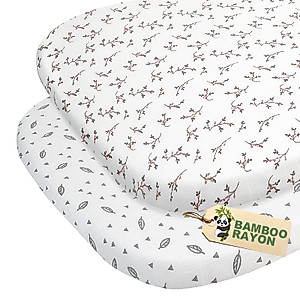 Muslin Bassinet Sheet for Baby Girl Boy, Boho Bassinet Sheets Fitted for Oval Hourglass Rectangular Bassinet Mattress Pad(32"x16"x5.5") 2 Pack, Soft Breathable Rayon Made Form Bamboo, Floral Pink