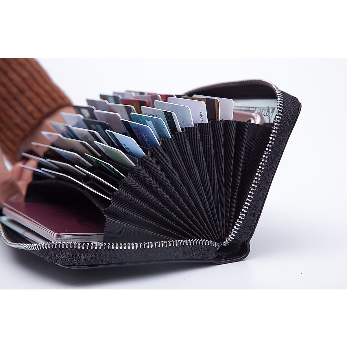 Buvelife Credit Card Wallet Leather RFID Wallet with Zipper for Women or Men, Huge Storage Capacity Credit Card Holder (Black)