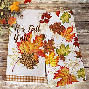 Seliem It’s Fall Y’All Maple Leaves Kitchen Dish Towel Set of 2, Watercolor Thanksgiving Leopard Leaf Fingertip Towel Hand Drying Baking Cooking Cloth, Autumn Seasonal Home Farmhouse Decoration 18x26