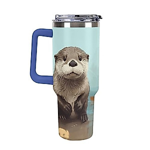 LLUTSNTH 40 Oz Vacuum Tumbler with Deep Blue Handle Leakproof Insulated Tumbler Cute Otter Stainless Steel Travel Mug with Lid And Straw Coffee Cup Cute Water Bottles Cup Holder Friendly