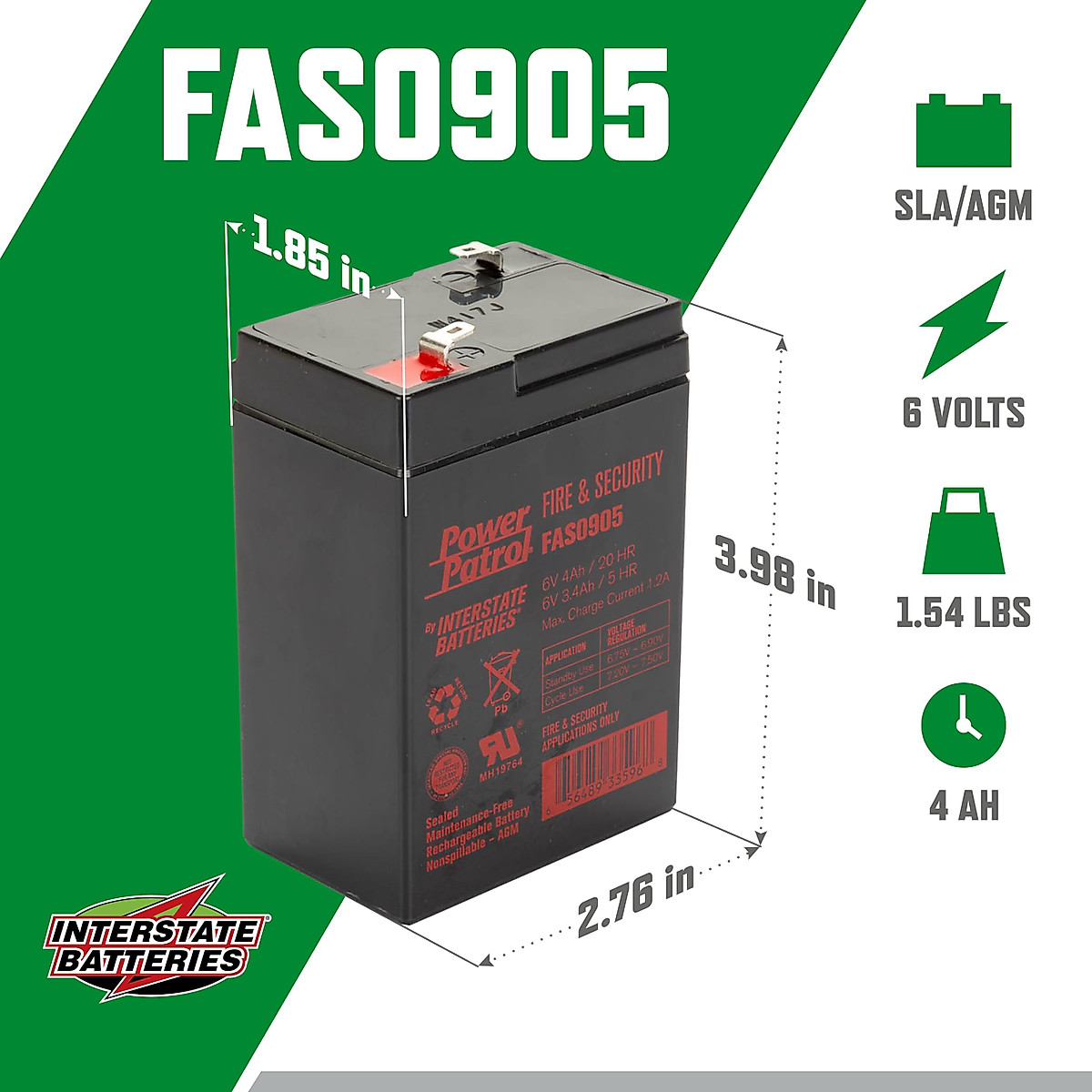 Interstate Batteries 6V 4Ah Fire & Security Battery (F1 Terminal) SLA AGM VRLA Power Patrol Rechargeable Replacement for Fire Alarms, Security Systems, General (FAS0905)