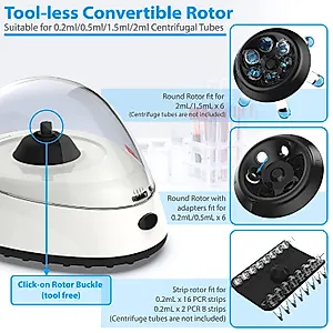 FOUR E'S SCIENTIFIC Mini Centrifuge 5400rpm, 2000 x g RCF with 2 Interchangeable Rotors for 0.2/0.5/1.5/2mL Tube Capacity - NOT for Blood Samples