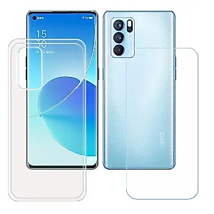 FZZSZS Case for Oppo Reno 6 Pro 5G + Tempered Glass Screen Protector Protective Film,Slim Transparent Soft Gel TPU Silicone Protection Case Cover for Oppo Reno 6 Pro 5G (6.55")
