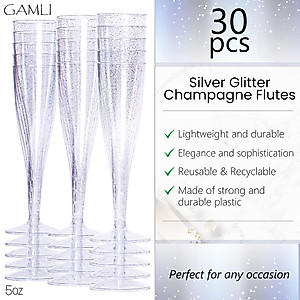 PlasticStrong Stemmed Champagne Flutes Shatterproof, Unbreakable, Reusable Plastic Champagne Flute for any occasion Set of 30 Silver Glitter wine glasses