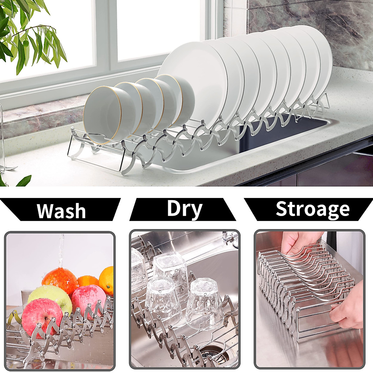 YYP Small Dish Drying Rack Expandable Dish Drying Rack Over The Sink, Plate Organizer for Cabinet or Countertop, Premium 304 Stainless Steel, Rustproof, for Kitchen, Small Space, RV