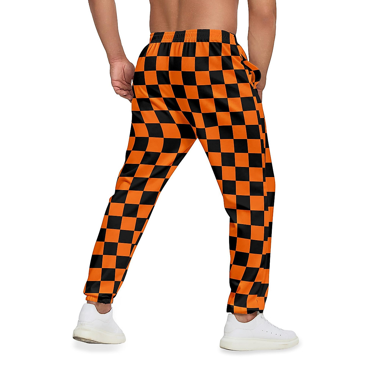 QINGXUN Sweatpants for Men Black Checkered Pants Men Lightweight Joggers Pants Drawstring Checkered Sports Pants with Pockets