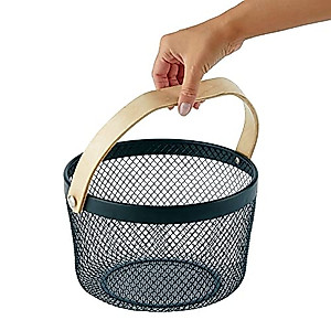 mDesign Farmhouse Metal Storage Organizer Basket Bin with Wood Handles - for Bathroom, Office, Entryway, Closet, Cabinet, Bedroom, Laundry Room, Nursery, Kids Toy Room, Set of 2 - Black