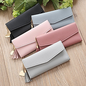 mogen886 Fashion Long Wallet Bags Card Slot Tassel Heart Pattern Charm Coin Purses Clutch Bag Light Pink