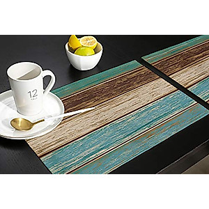 Vandarllin Placemats Set of 6, Retro Rustic Wood Texture Polyester Stain Resistant Table Mats Washable Placemat Decoration for Kitchen Dining Table Teal Green Brown