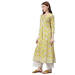Yash Gallery Indian Cotton Floral Printed Anarkali Kurtis for Women (Lemon Yellow)