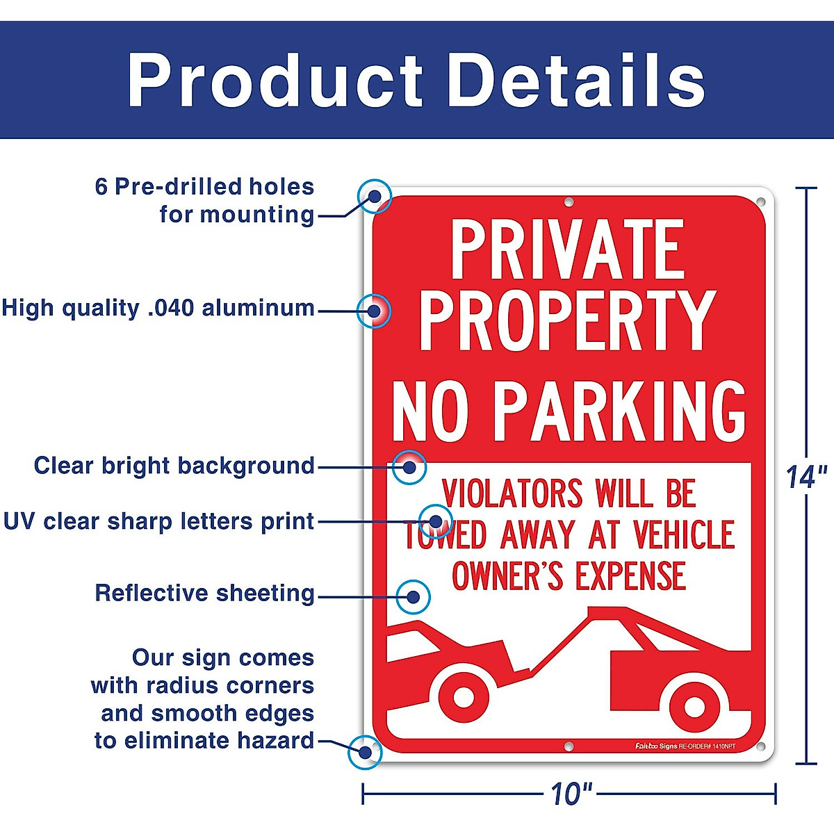 (2 Pack) Private Property No Parking - Violators Will Be Towed Away at Vehicle Owner's Expense Sign, Reflective .40 Rust Free Aluminum 14 x 10, UV Protected, Weather Resistant, Waterproof, Durable Ink