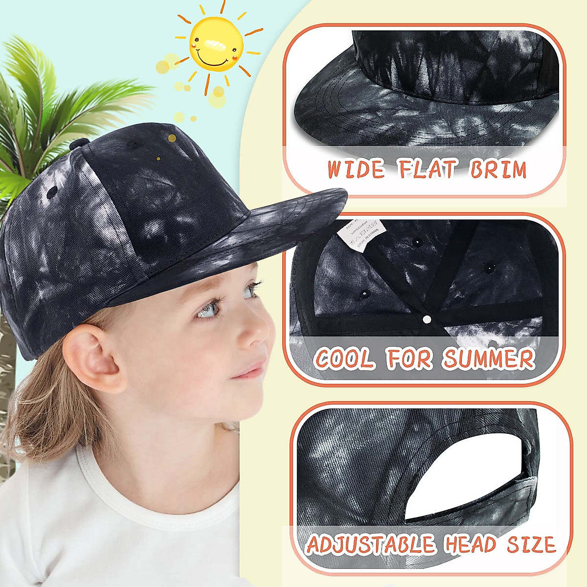 Kids Boy Girl Baseball Cap Baby Sun Hat Adjustable Toddler Trucker Hats with Flat Brim for Summer Outdoor (Z-Tie-dye Black, 1-2T)
