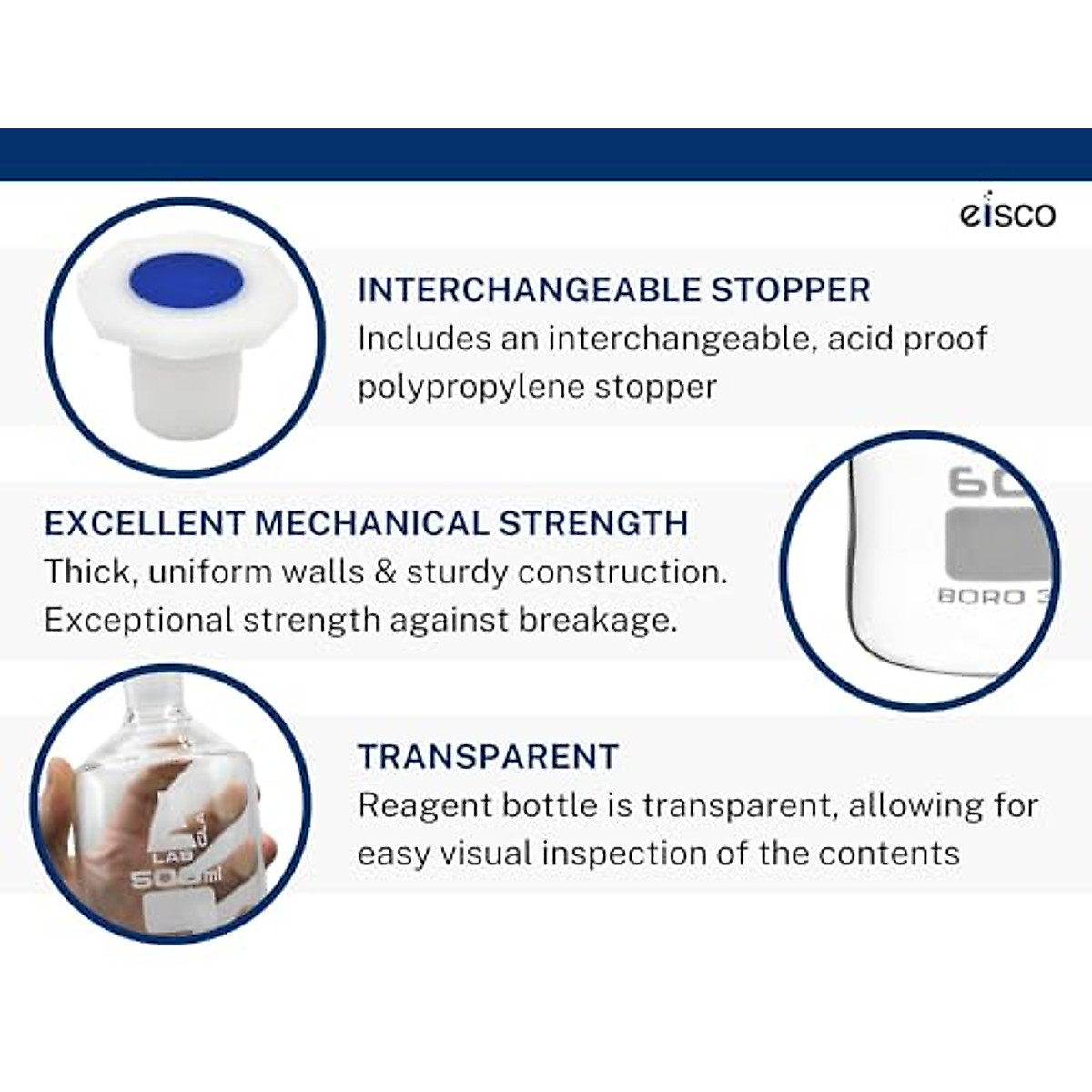 EISCO 125mL (4.2oz) Glass Reagent Bottle with Acid Proof Polypropylene Stopper, Borosilicate 3.3 Glass Labs
