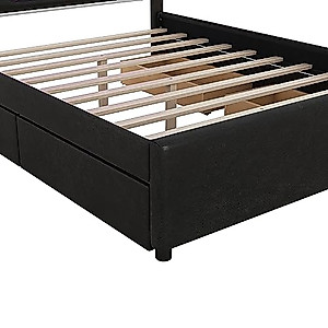 SIYSNKSI Queen Size Upholstered Platform Bed with 4 Drawers, Storage Platform Bed with LED and USB Charging for Kids Teens Adults Bedroom (Black-004A)