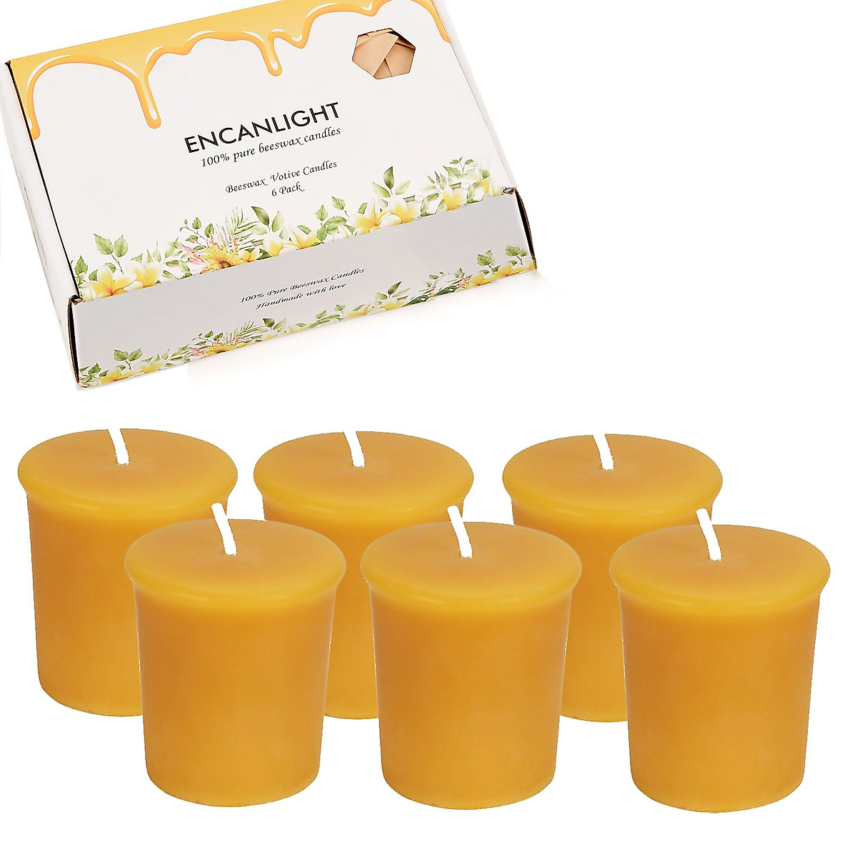 Natural Beeswax Votive Candles 6 Pack, Handmade Bees Wax Candle - Smokeless, Dripless and Non-Toxic, 10 Hour Long Burn Time Each for Home
