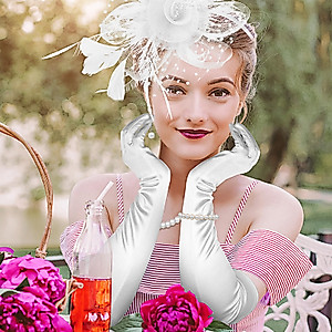 Yaomiao 5 Pcs 1920s Fascinators Feather Headband Pearl Jewelry Gloves for Women Tea Party Halloween Church Derby(White)