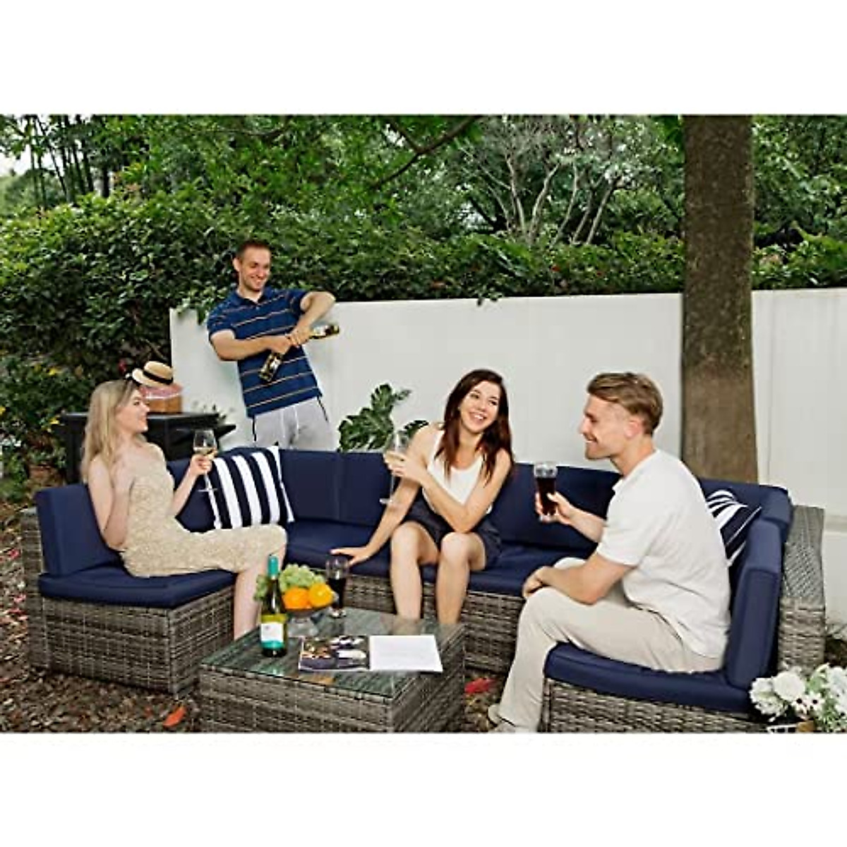 Devoko 7 Pieces Wicker Patio Furniture Set Rattan Outdoor Furniture Sectional Sofa Backyard Furniture Outdoor Couch with Updated Metal Feet (Blue)