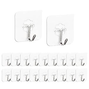 20 Pack Adhesive Hooks for Hanging Heavy Duty 22lbs Wall Hooks, Transparent Reusable Seamless Hooks, Waterproof and Rustproof Wall Hooks for Home Kitchen, Bathroom, Office