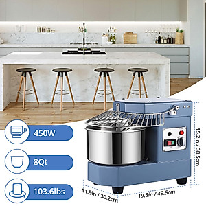Commercial Dough Mixer, Garvee 8Qt Food Mixer 450W Dual Rotating Dough Kneading Machine with Stainless Steel Bowl, Stand Mixer with Safety Shield, 110V for Restaurant, Bakeries, Pizzeria