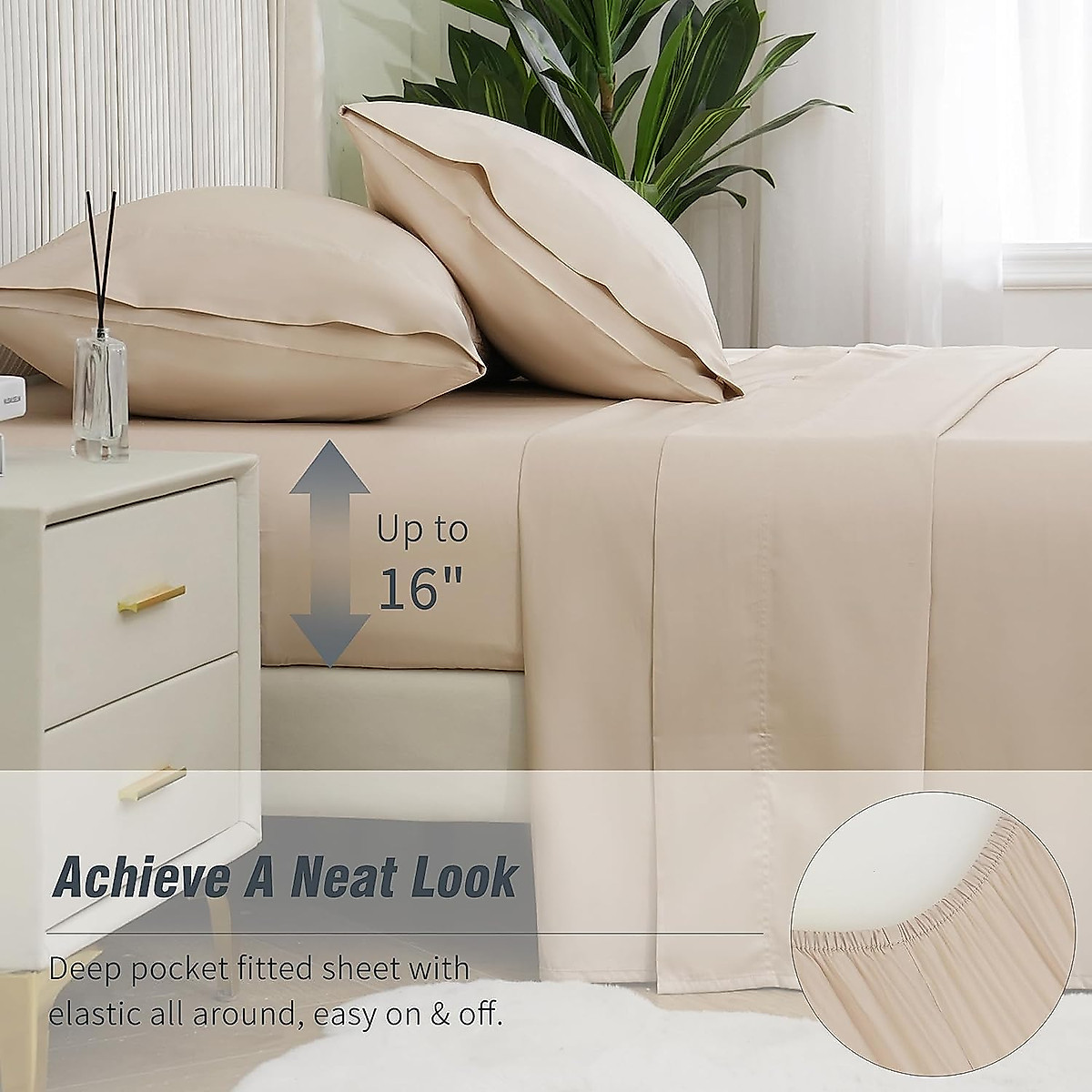 DOWNCOOL Queen Sheet Set - 100% Cotton Sheets Queen Size Set, 400 Thread Count Sateen, 16" Deep Pocket Queen Sheets, Silky Soft & Breathable Queen Bed Sheets, 4-Piece Hotel Luxury Beige Sheets Set