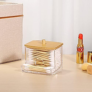 Hipiwe Acrylic Q-Tip Holder with Bamboo Lid - Clear Q-Tips Dispenser Bathroom Containers Canister Cotton Swab Holder Bathroom Countertop Storage Organizer for Q-tip Cotton Swab