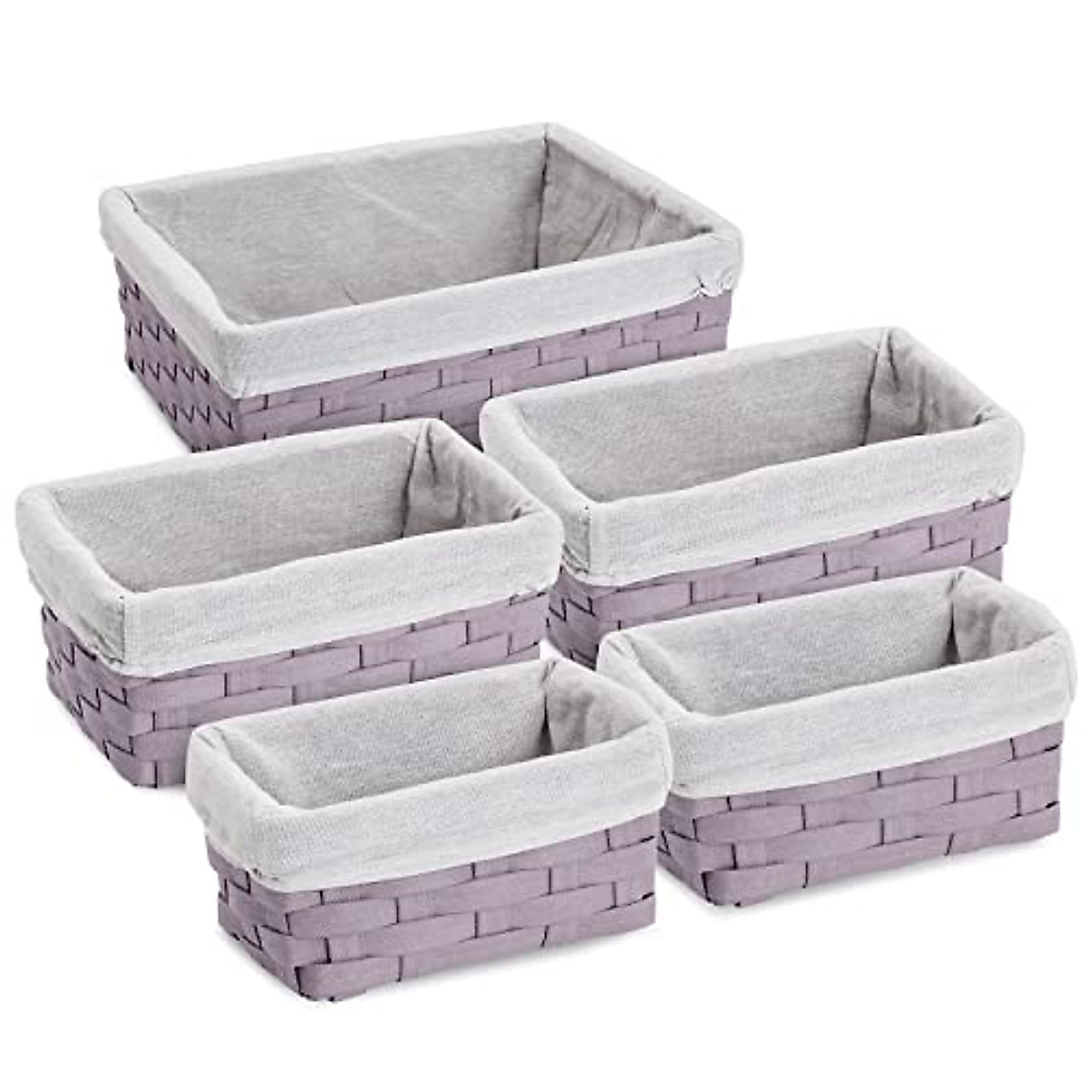 5 Piece Set Woven Nesting Storage Baskets, Decorative Wicker Bins for Organizing, Lavender (3 Sizes)
