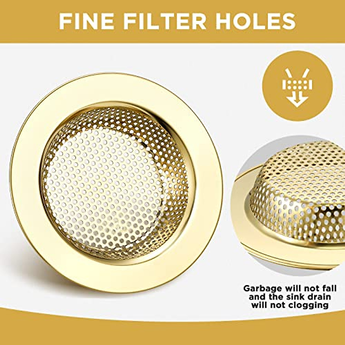 2 Pcs Sink Strainer Stainless Steel Sink Drain Basket Cover Mesh Metal Food Catcher Kitchen Sink Accessories for Hair Garbage, Large Wide Rim of 4.4 Diameter (Gold,2mm Dia Hole Style)
