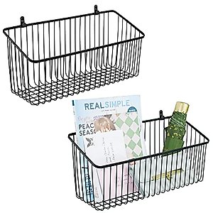 mDesign Portable Metal Farmhouse Wall Decor Angled Storage Organizer Basket Bin for Hanging in Kitchen/Pantry - Store Plastic Bags, Foils, Oils, Sandwich Bags - 2 Pack - Black