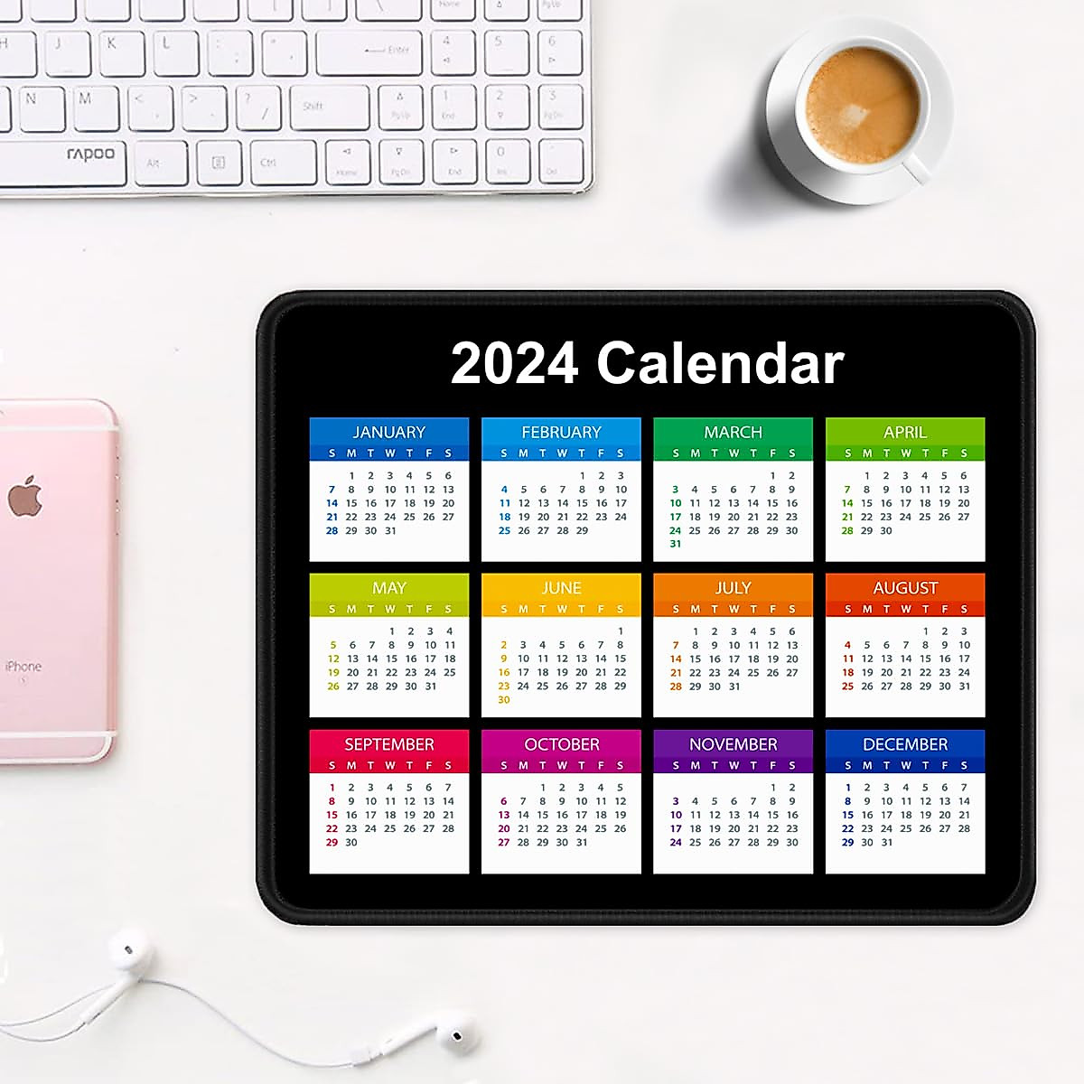 Auhoahsil Mouse Pad, 2024 Calendar Anti-Slip Rubber Mousepad with Stitched Edges for Office Gaming Laptop Computer PC Men Women, Customized Pattern, 10.2" x 8.7", New Year 2024 Calendar, Black