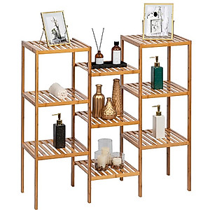 9-Tier Bamboo Bathroom Shelf, Customizable Shelving Unit, Multifunctional Storage Rack, Floor Standing Shelving Unit, Bathroom Shelves Organizer, Wood Corner Rack, for Kitchen, Livingroom, Bedroom