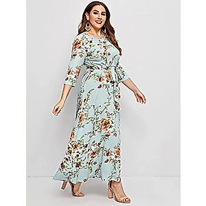 WDIRARA Women's Plus Size Floral Print Round Neck Belted A Line Flared Dress Mint Green 1XL