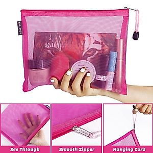 besharppin 6 Pack Mesh Cosmetic Bags, Nylon Makeup Pouches with Zipper for Home Office Purse Diaper Bag (Rose)